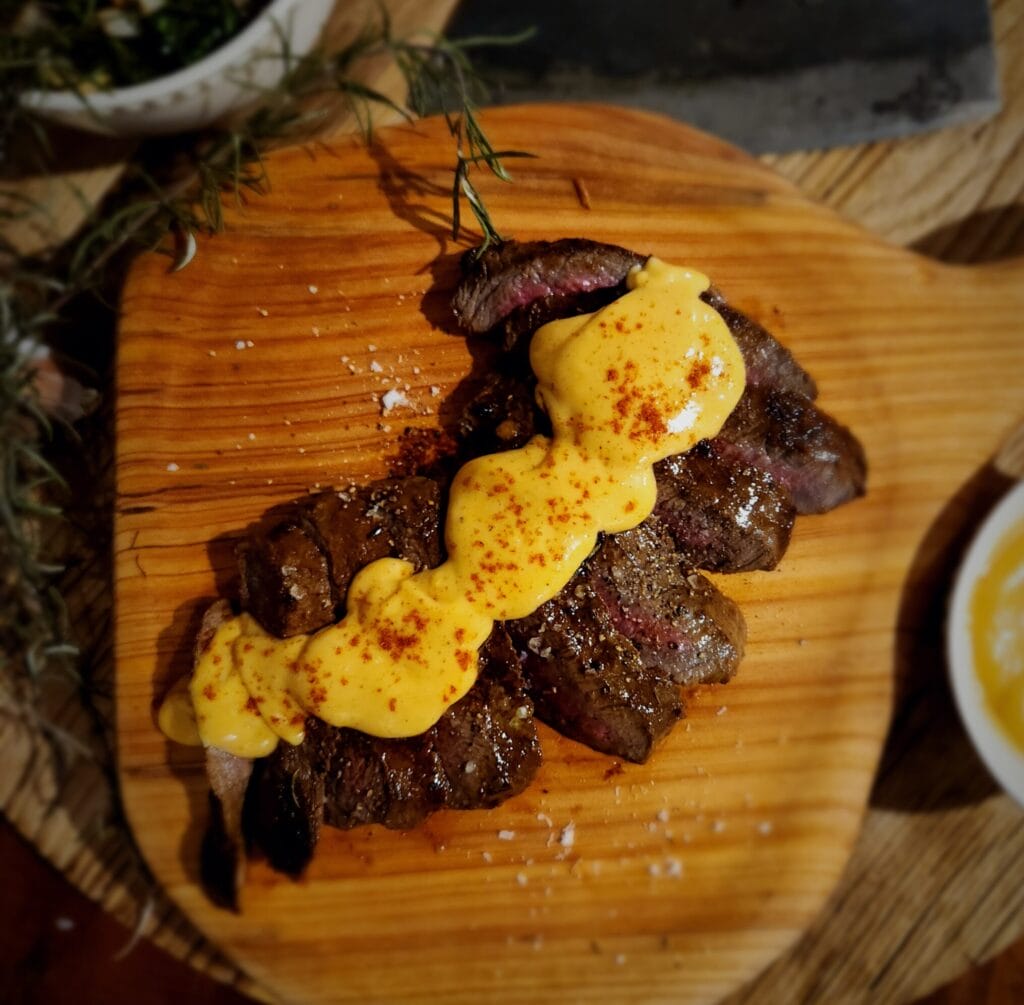 Wagyu Beef Flat Iron Steak with Mustard and Smoked Paprika Sauce ...